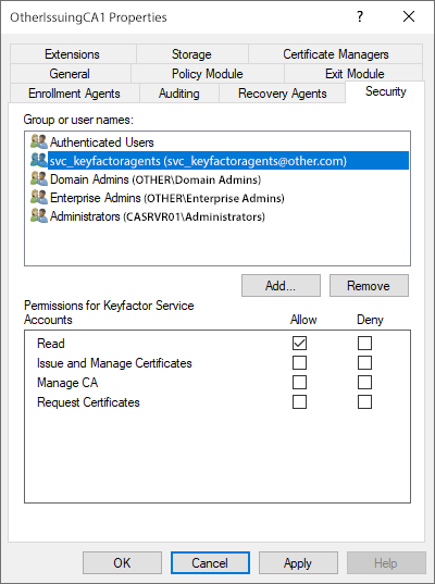 Grant the Orchestrator Service Account Permissions on the CAs